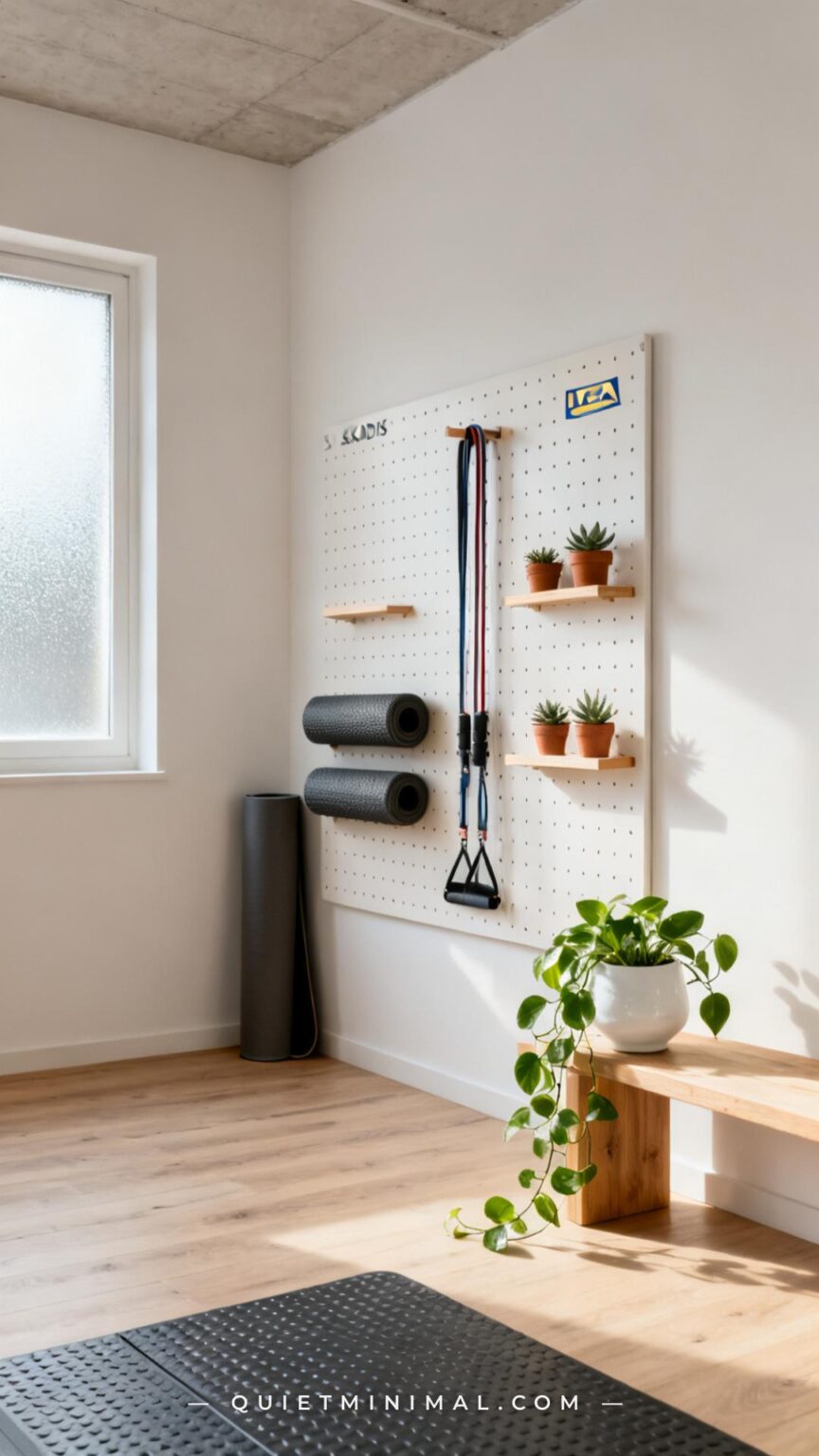 15 Aesthetic Home Gym Ideas with Pegboard Storage and Potted Plants ...