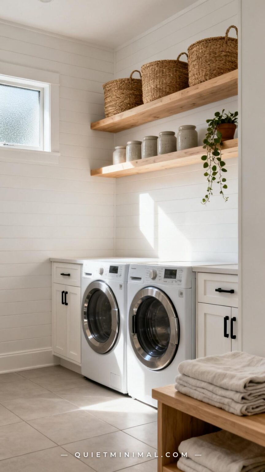 DIY Laundry Room Makeover: Shiplap, Open Shelving & Cabinet Hardware ...