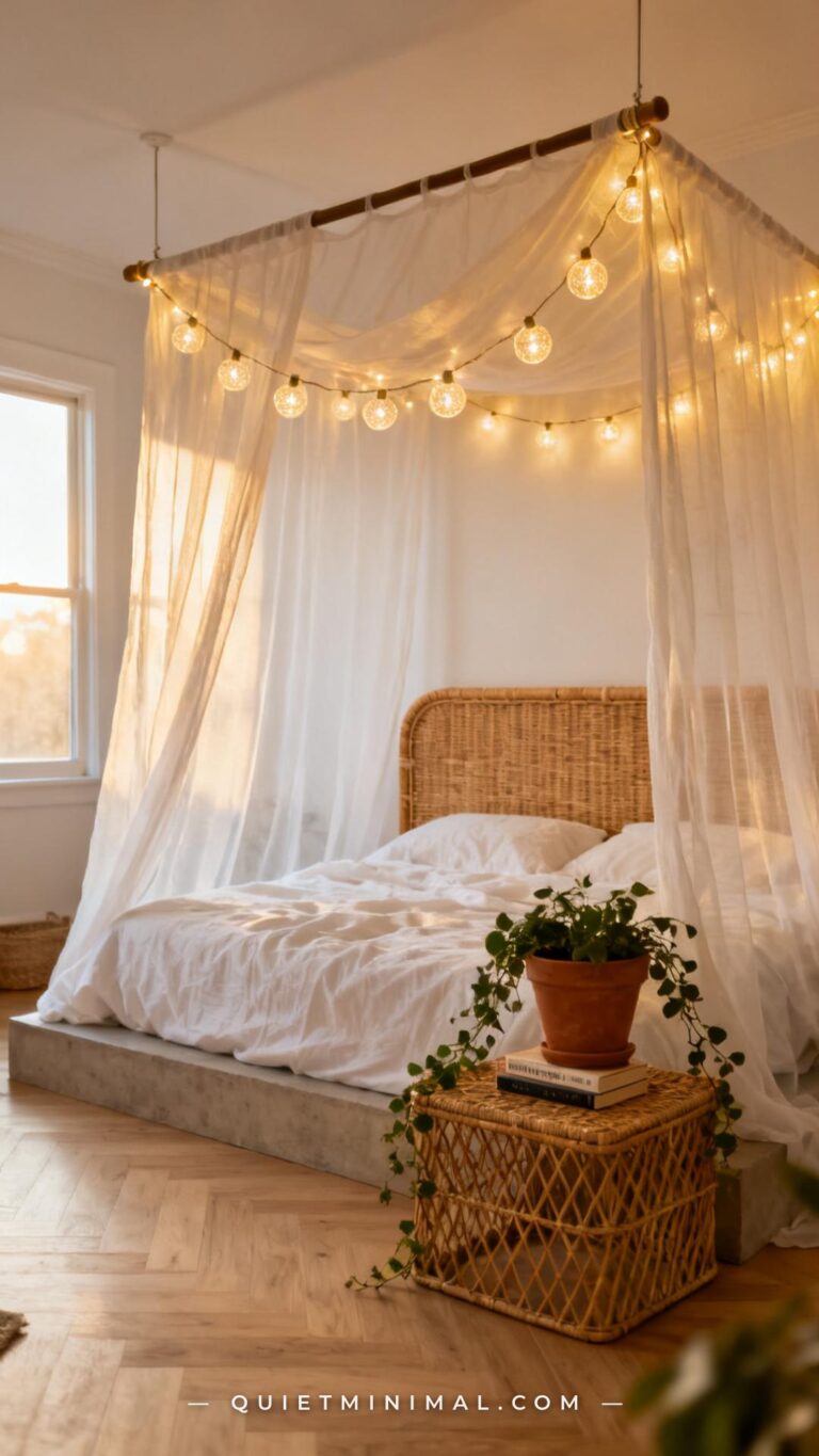 15 Fairy Light Bedroom Ideas With a Sheer Canopy Bed and Rattan Decor ...